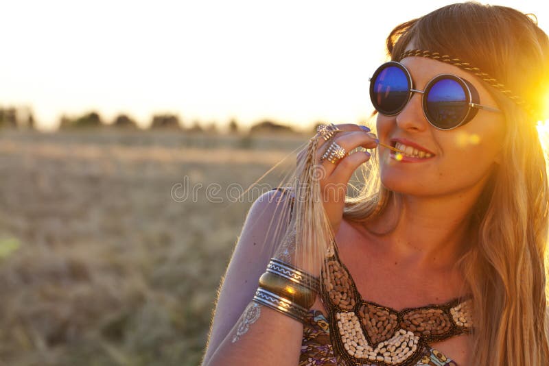Beautiful Hippie Girl at Sunset Stock Image - Image of blonde, hair ...