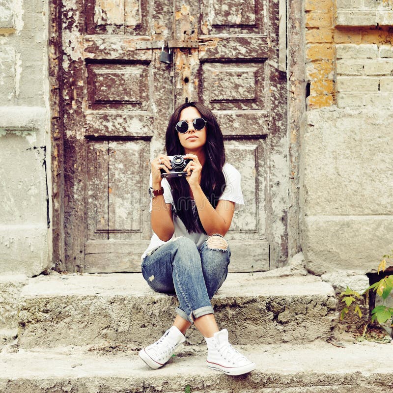 Beautiful Hipster Girl Posing Outdoor with Old Camera Stock Image ... Beautiful Hipster Girl Posing Outdoor with Old Camera Stock Image ...