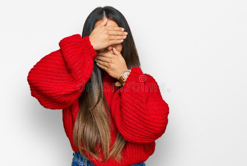Beautiful Hispanic Woman Wearing Casual Clothes Covering Eyes And Mouth