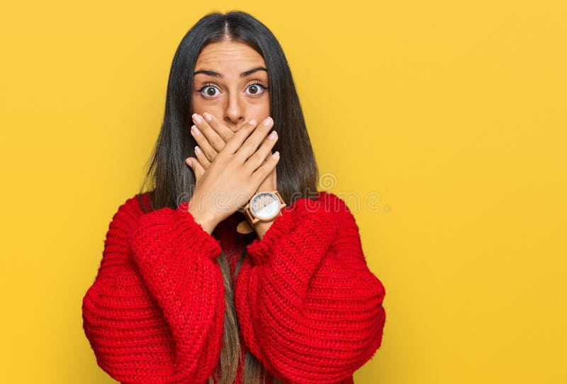 Beautiful Hispanic Woman Wearing Casual Clothes Shocked Covering Mouth
