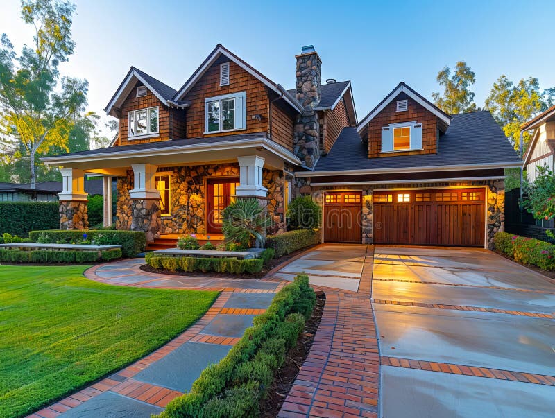 A Beautiful Home with a Driveway and Walkway Stock Image - Image of ...