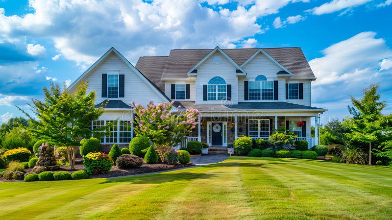 A Beautiful Home with a Large Lawn and Landscaping Stock Image - Image ...
