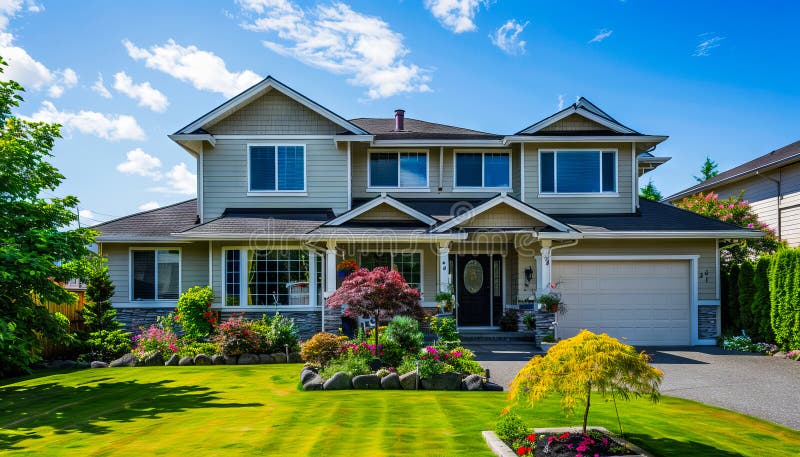 A Beautiful Home with a Large Yard and Landscaping Stock Photo - Image ...