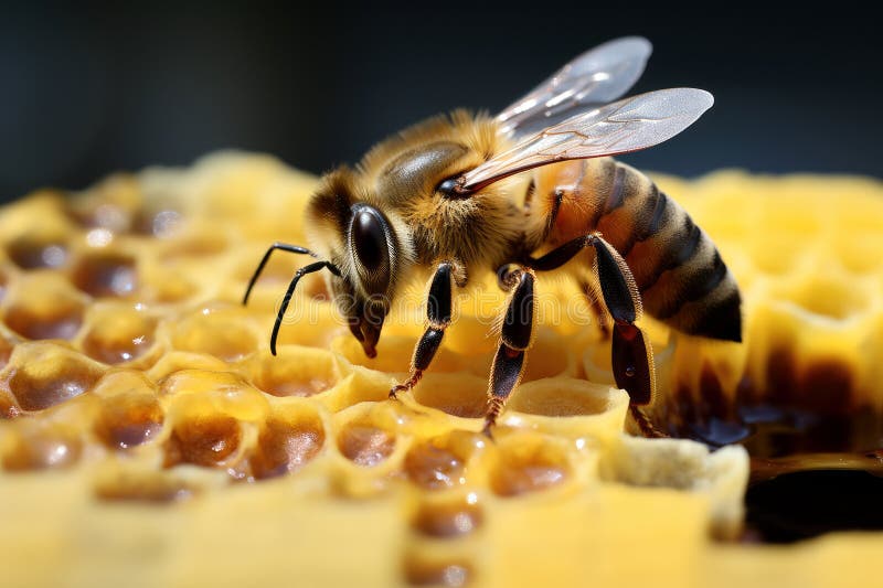 Beautiful Jar of Honey and Flowers on the Table. Cute Bees are Flying ...