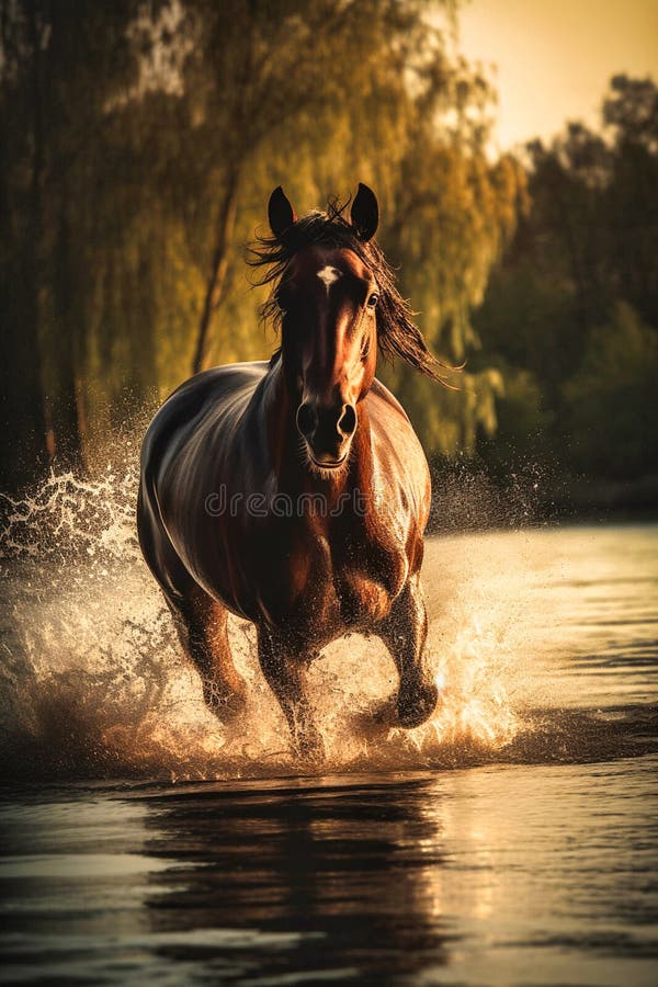 Beautiful Horse Running Over Water Reflection Cine, Generative AI Stock ...