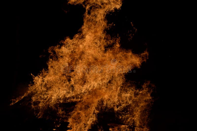 Beautiful Hot Burning Tall Flames from Bonfire on Dark Winter ...