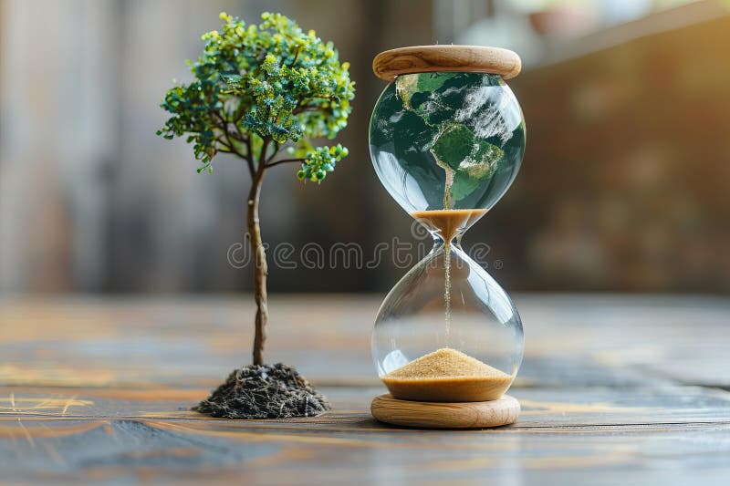 Beautiful Hourglass with the Earth and Tree Inside on a Grey Background ...
