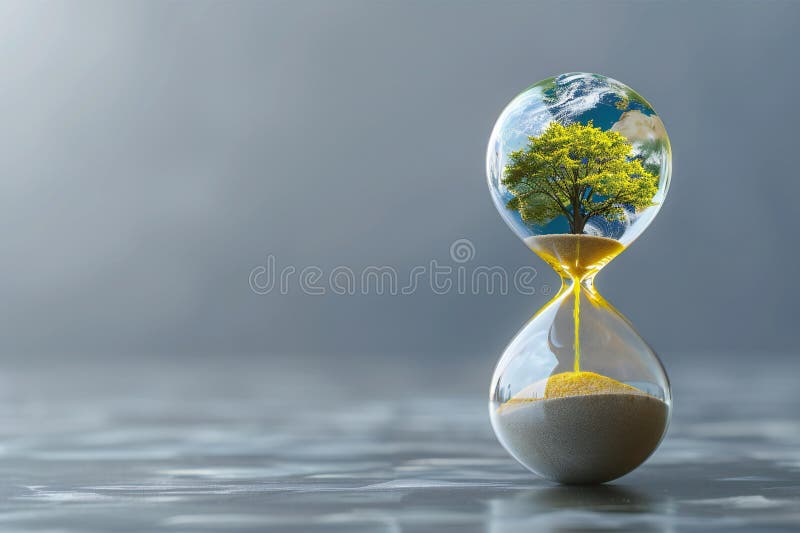 Beautiful Hourglass with the Earth and Tree Inside on a Grey Background ...