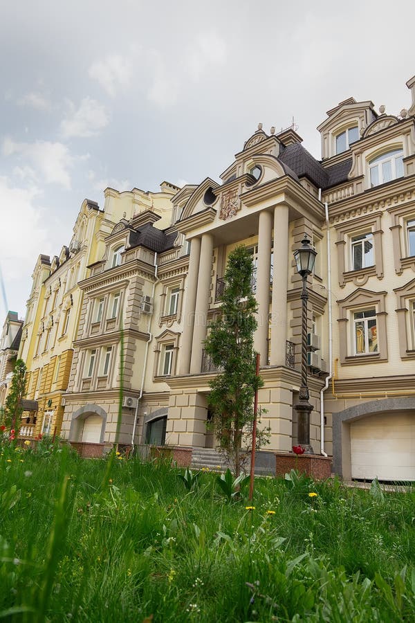 Beautiful House in Classical Style and Green Lawn Stock Image - Image ...