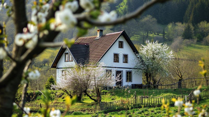 Beautiful House or Cottage in the Hills Spring Time. Ai Generative ...