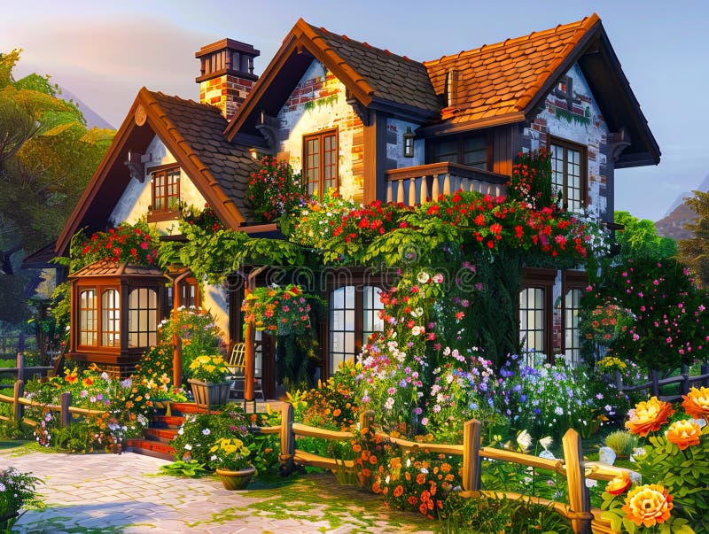 A Beautiful House with Flowers and a Garden Stock Photo - Image of ...