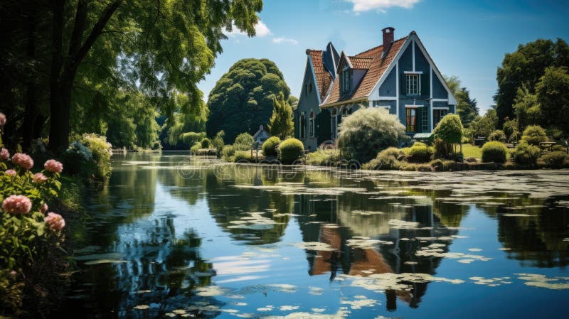 Beautiful House in the Garden with Reflection in the Water, Holland ...