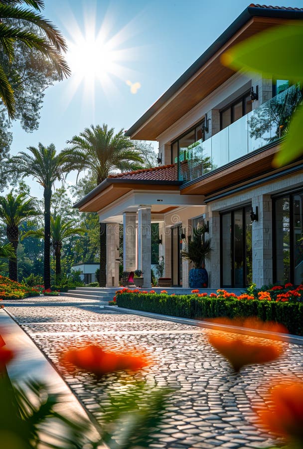 Beautiful House with Garden and Stone Walkway Stock Image - Image of ...