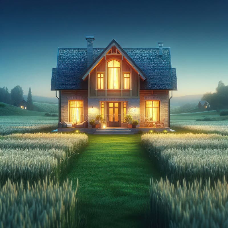 Beautiful House with Glowing Windows in the Middle of the Field. Stock ...