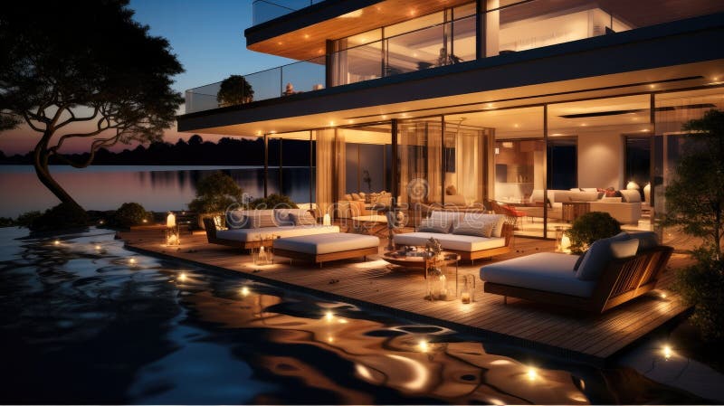 Beautiful House Overlooking the Sea at Night Stock Illustration ...