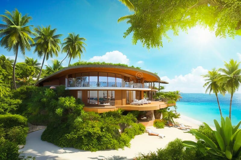 Beautiful House by the Sea Trees Stock Illustration - Illustration of ...