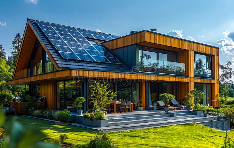 Beautiful House with Solar Panels on the Roof Stock Photo - Image of ...