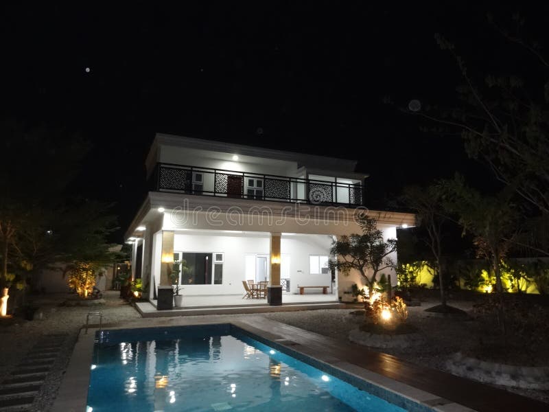 Beautiful House and Swimming Pool at Night Stock Photo - Image of ...