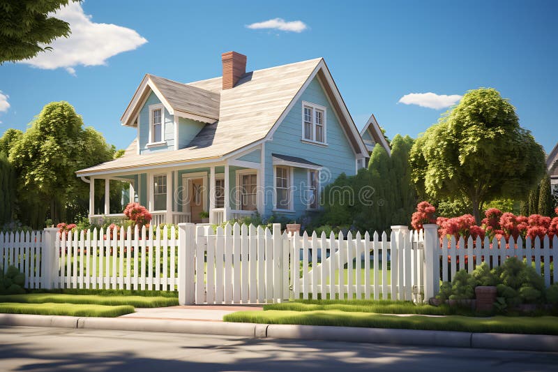 Beautiful House with White Picket Fence. 3d Render Stock Illustration ...