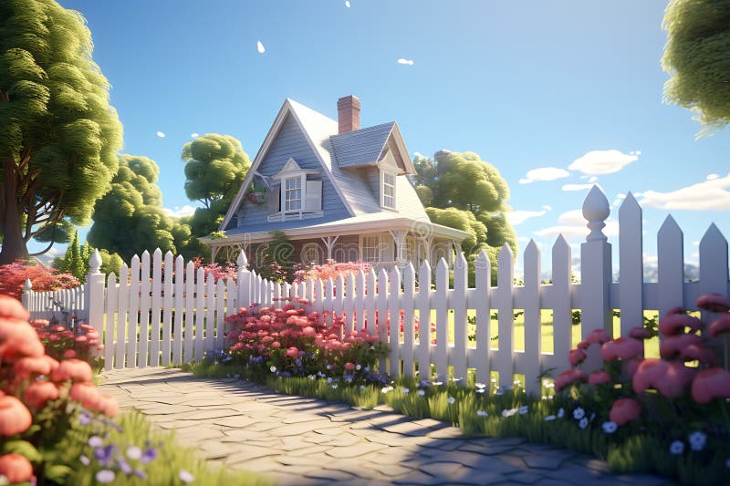Beautiful House with White Picket Fence. 3d Render Stock Illustration ...