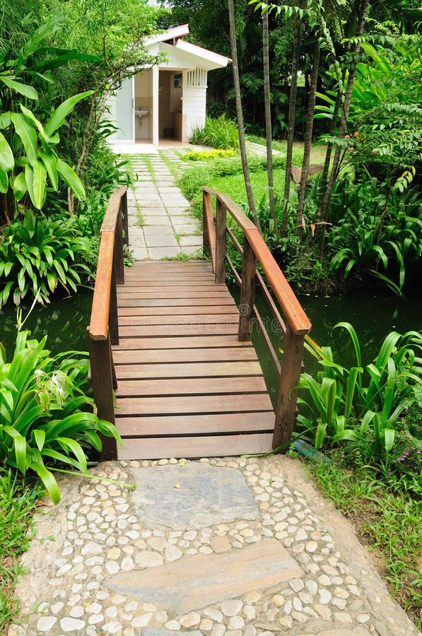 Beautiful House Yard and Wooden Bridges. Stock Photo - Image of garden ...