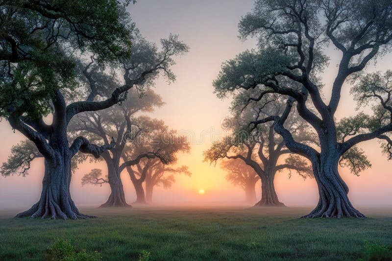 Beautiful, Huge Oak Trees Stand in a Row in the Sunrise Lights.AI ...