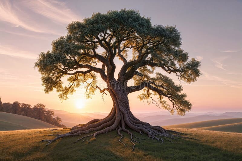 Beautiful, Huge Oak Trees Stand in a Row in the Sunrise Lights.AI ...