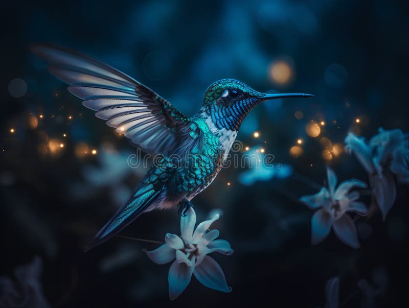 Beautiful Hummingbird Flying in the Night Forest. Collage Stock ...