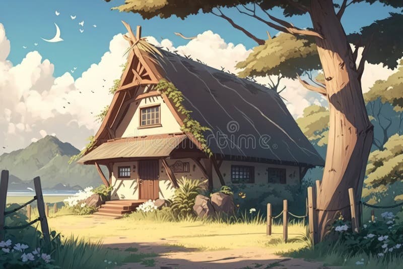 Beautiful Hut Anime Background Landscape Illustration Stock ...