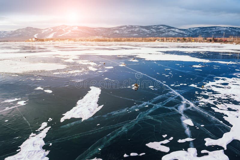 Beautiful Ice on the Lake at Sunset Stock Photo - Image of horizon ...