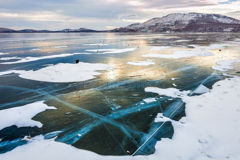 Beautiful Ice on the Lake at Sunset Stock Image - Image of bright ...