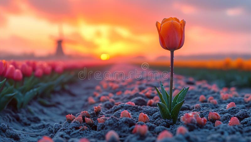 Beautiful Iconic View of Tulip Fields in Netherlands with Windmill ...