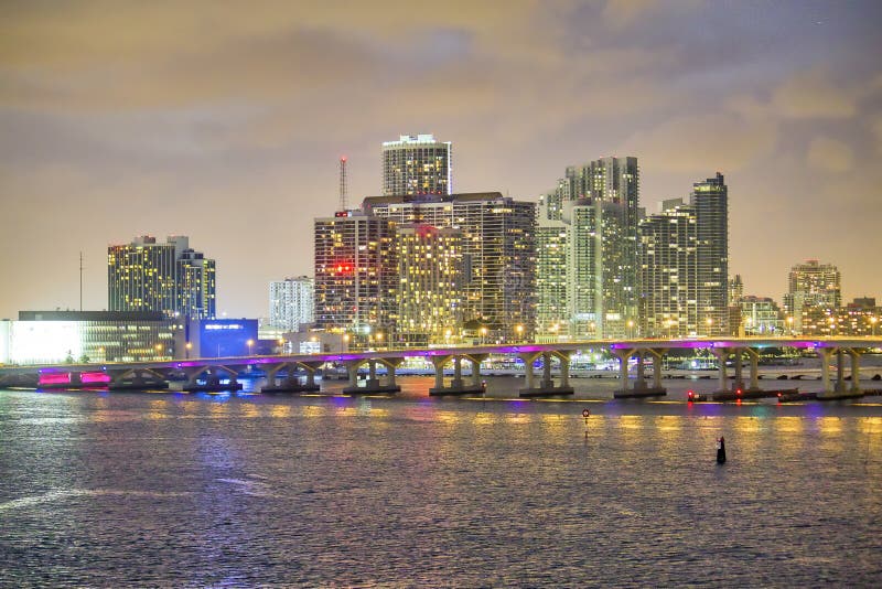 Beautiful Illuminated Bridge of Miami at Night with City Skyline Stock ...