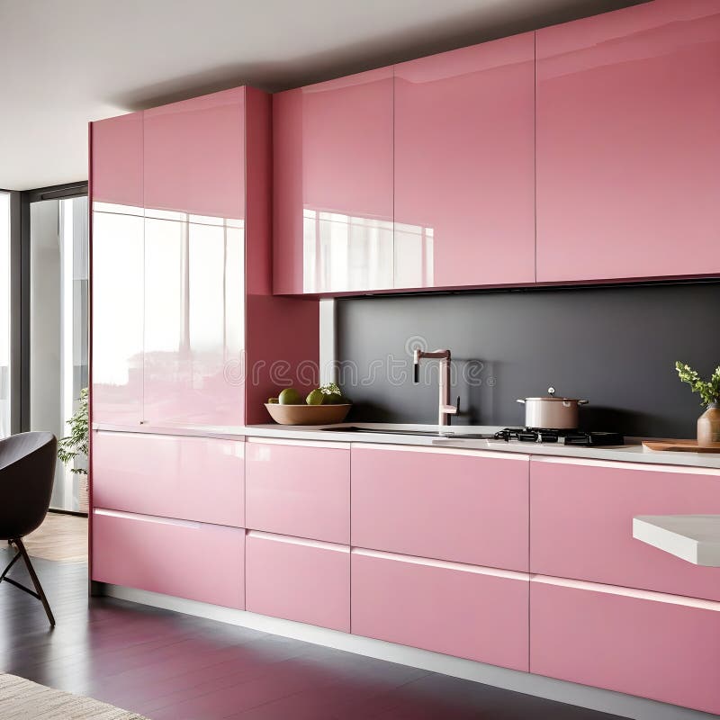Interior of a Modern Kitchen with Pink Cabinets Stock Illustration ...