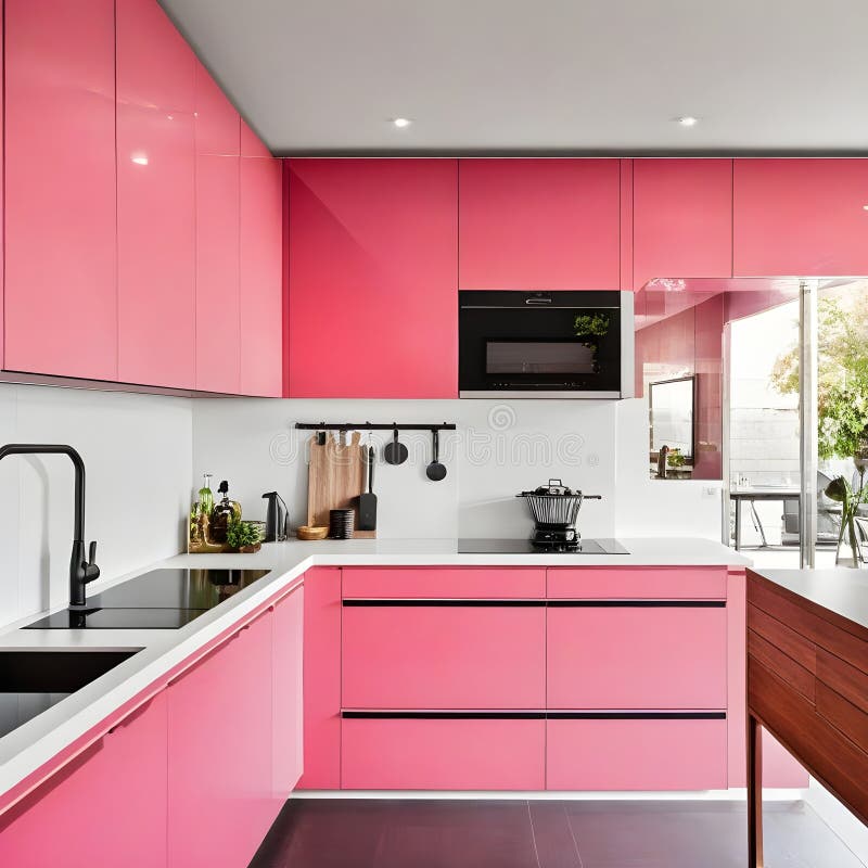 Interior of a Modern Kitchen with Pink Cabinets Stock Illustration ...