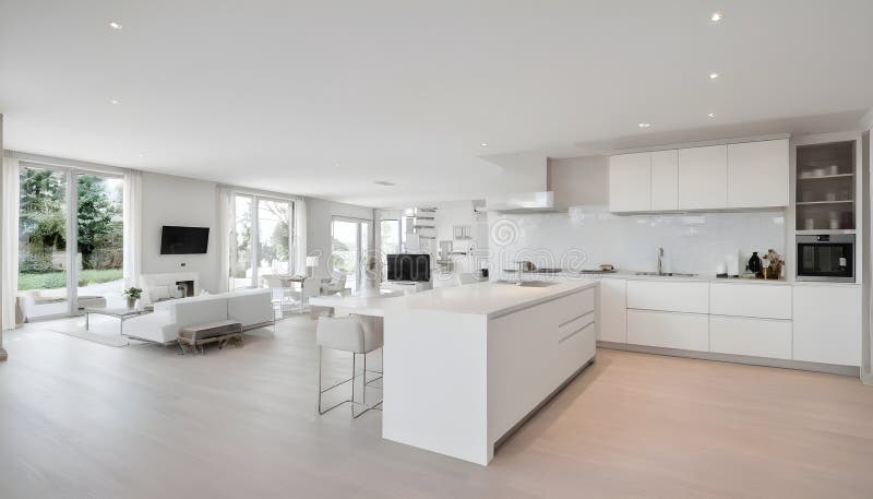 Open-plan Interior with a Luxurious Living Room and White Kitchen ...