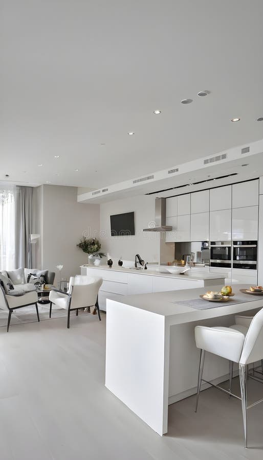 Open-plan Interior with a Luxurious Living Room and White Kitchen ...