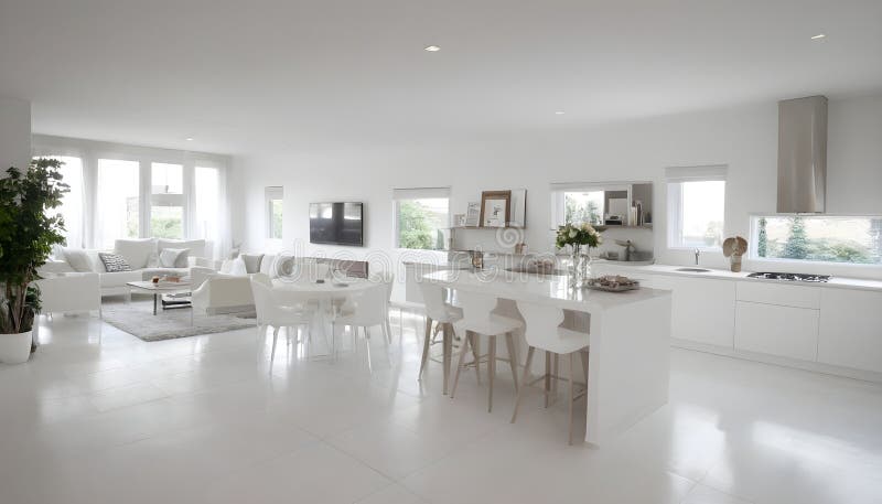 Open-plan Interior with a Luxurious Living Room and White Kitchen ...