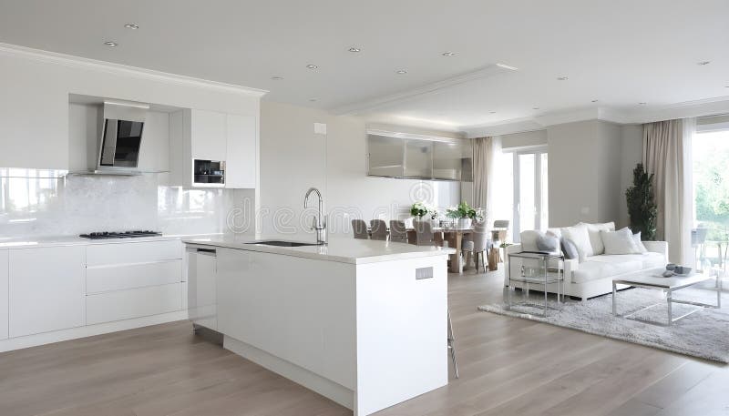 Open-plan Interior with a Luxurious Living Room and White Kitchen ...