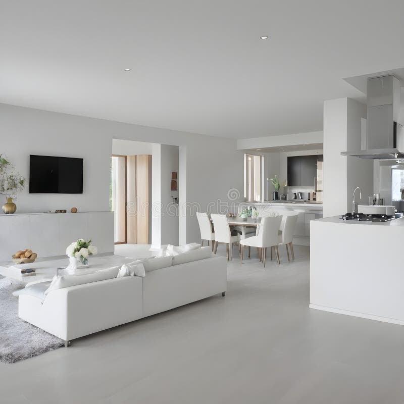 Open-plan Interior with a Luxurious Living Room and White Kitchen ...