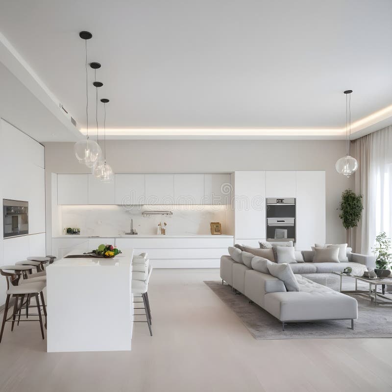 Open-plan Interior with a Luxurious Living Room and White Kitchen ...