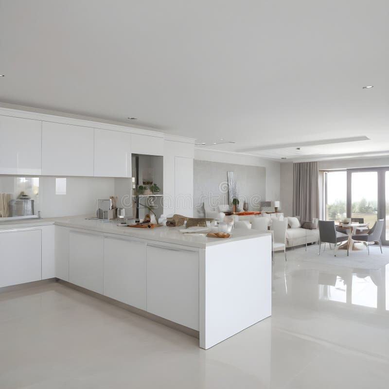 Open-plan Interior with a Luxurious Living Room and White Kitchen ...