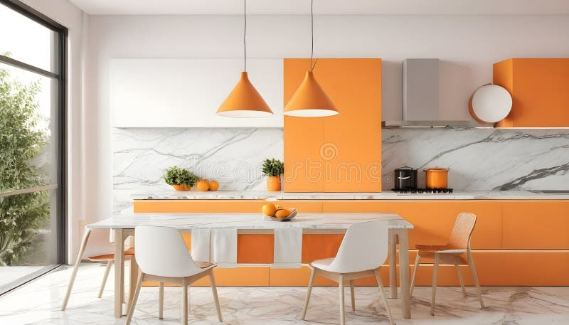 A Beautiful Illustration of Orange and Marble Kitchen Interior with ...