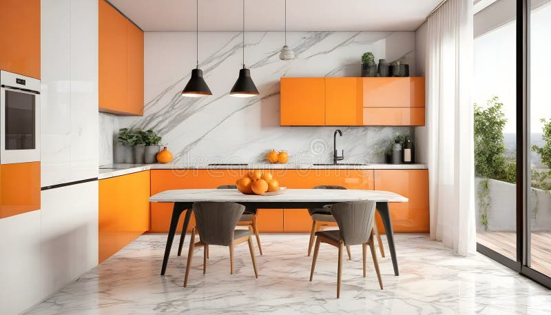 A Beautiful Illustration of Orange and Marble Kitchen Interior with ...