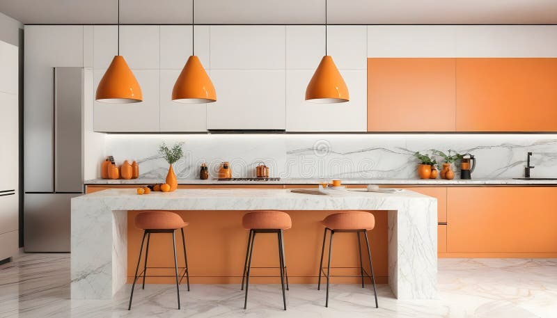 A Beautiful Illustration of Orange and Marble Kitchen Interior with ...