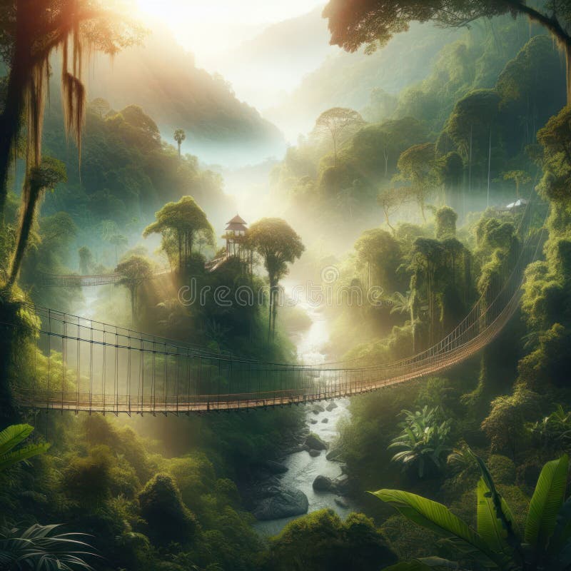 Beautiful Illustration of a Suspension Bridge in a Tropical Jungle ...
