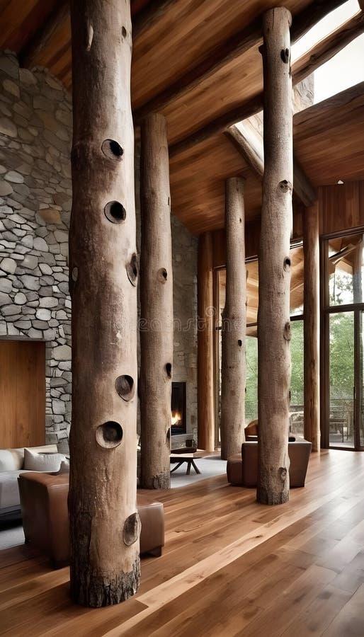Illustration of a Tree-trunk Columns in a Modern House Stock ...