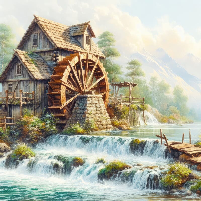 Beautiful Illustration of a Water Wheel Mounted on a Flowing River ...