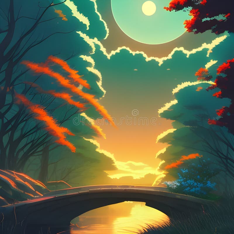 Bridge and Trees at the Moonlight Stock Illustration - Illustration of ...