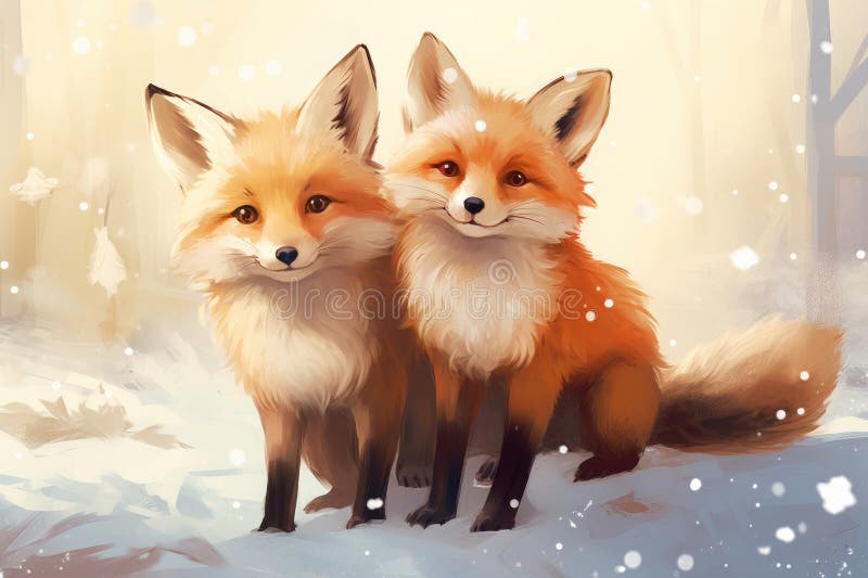 A Beautiful Image Capturing Two Foxes Standing Side by Side in a Snowy ...